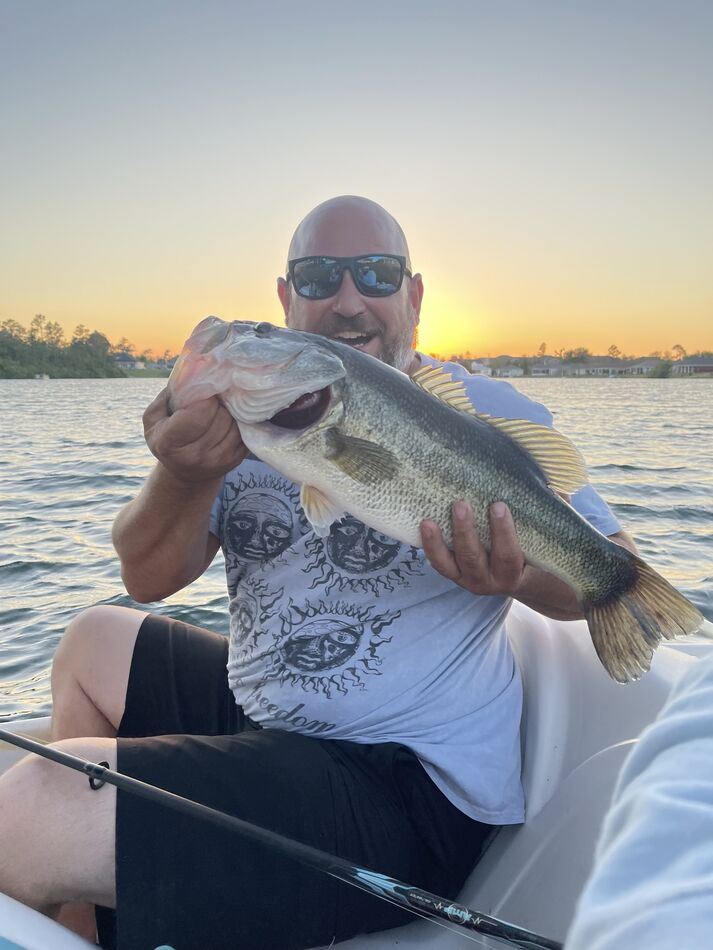 7lb large mouth bass April 2025: Caught him right at sunset at a 25 ...
